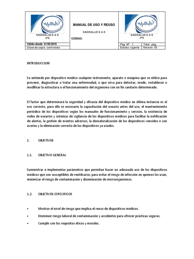 Manual de Uso y Reuso | Descargar gratis PDF | Dispositivo médico | Esterilización (Microbiología)