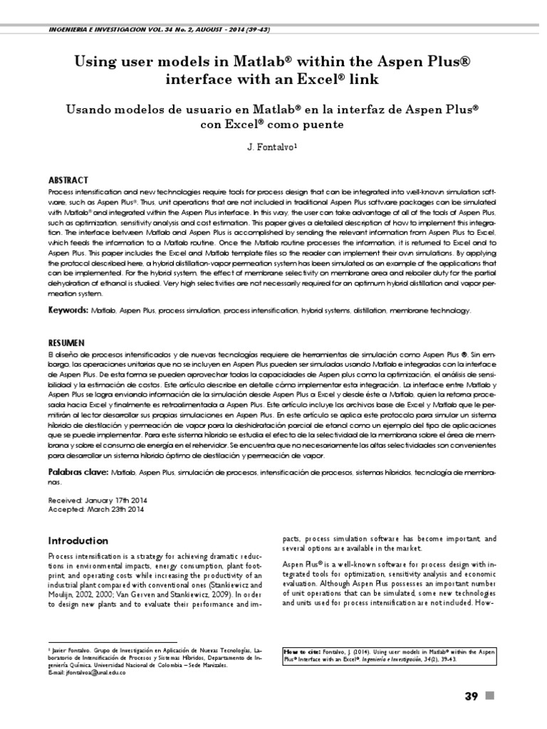 Using User Models in Matlab Within The Aspen Plus® Interface With An ...