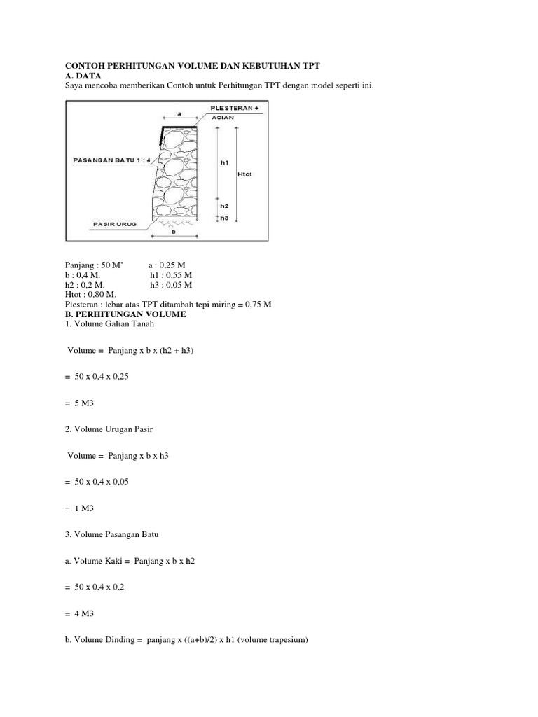 Contoh Perhitungan Volume Dan Kebutuhan TPT A. Data | PDF