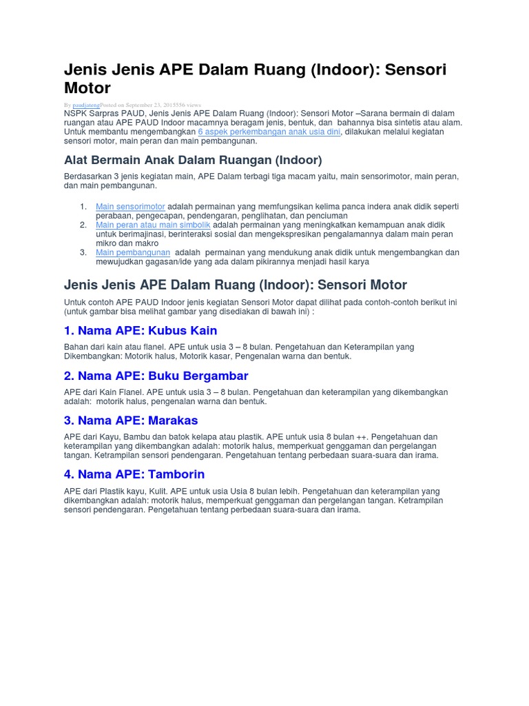 Jenis APE Indoor untuk PAUD | PDF | Game & Aktivitas | Seni & Disiplin ...