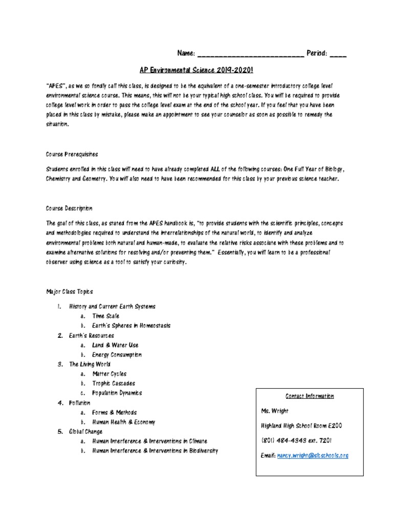 APES Course Overview 2019-2020 | PDF | Kilowatt Hour | Watt