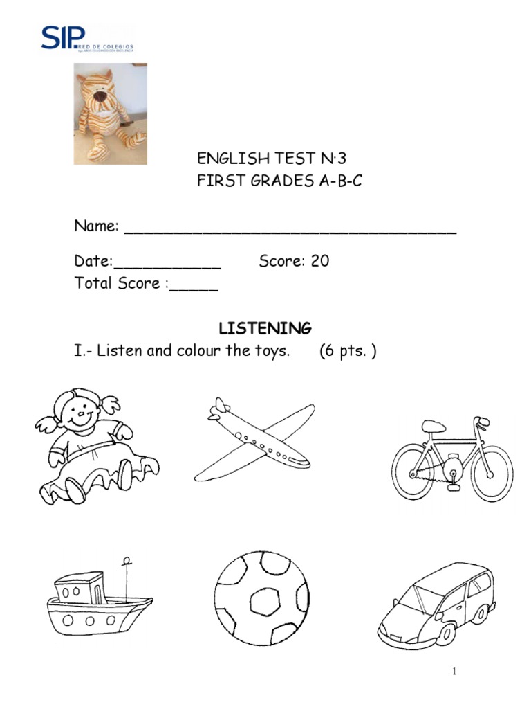 English Test N 3 First Grades A-B-C Name: - Date: - Score: 20 Total ...