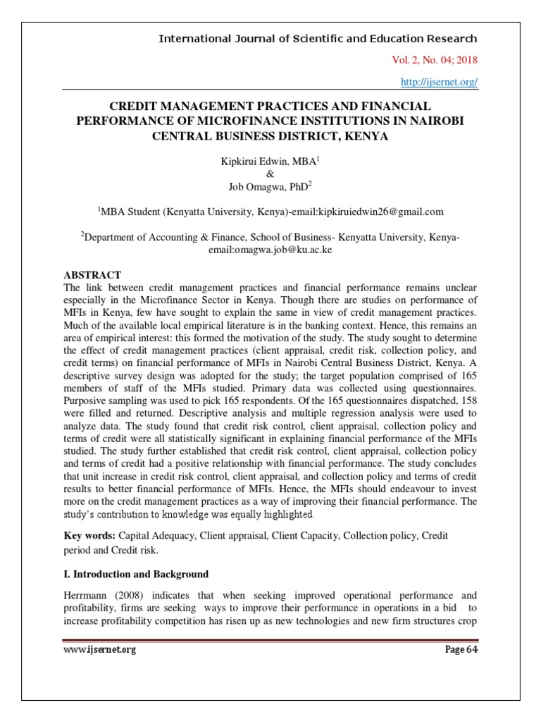 Credit Management Practices and Financial Performance of Microfinance Institutions in Nairobi ...