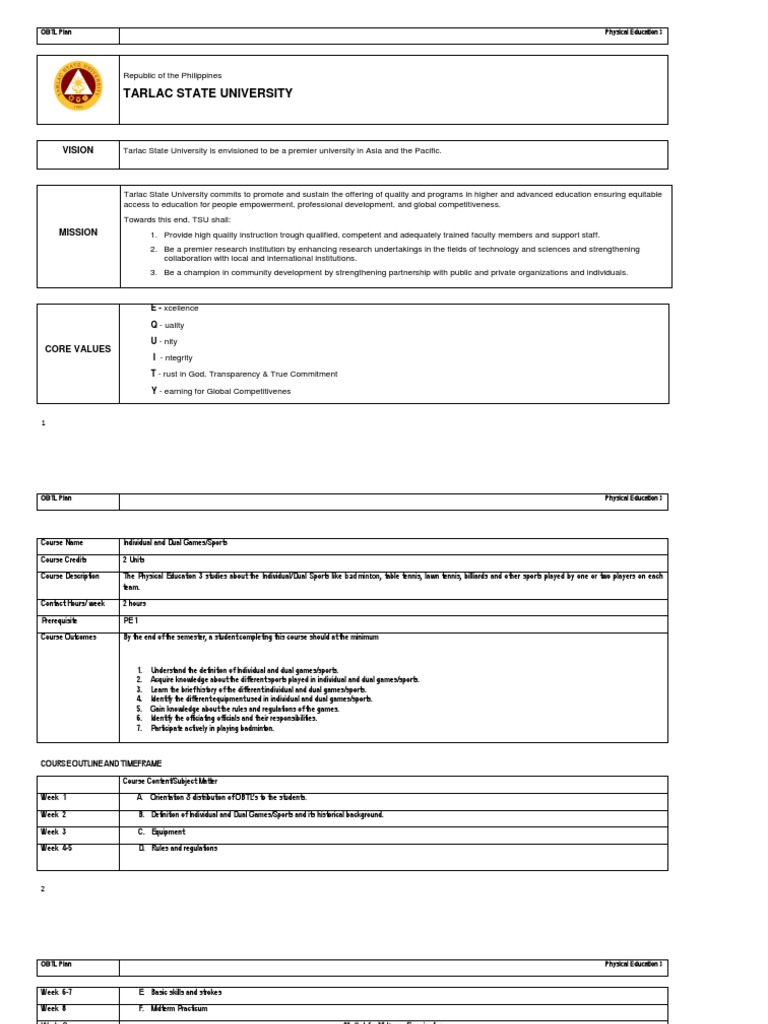 Obtl Syllabus in Pe 3 Badminton | PDF | Physical Education | Test ...