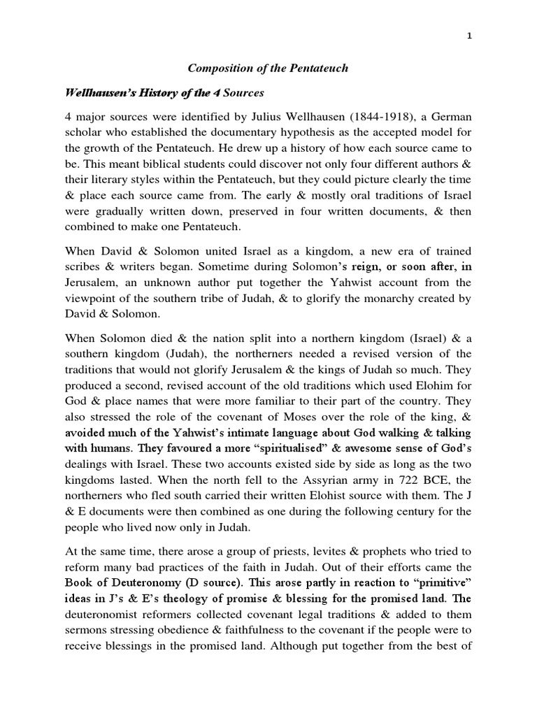 Composition of The Pentateuch Wellhausen's History of The 4 Sources ...