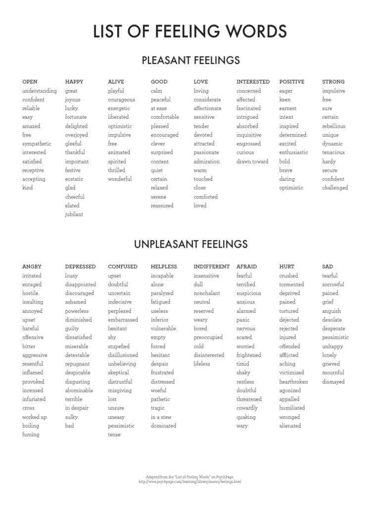 List of Feeling Words: Pleasant Feelings | PDF
