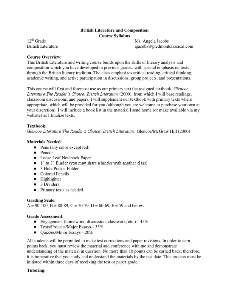 British Literature and Composition Course Syllabus | PDF | Bullying ...