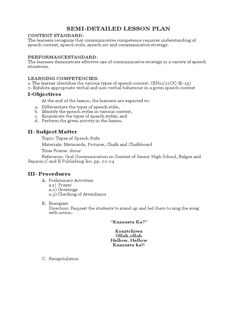 Semi-Detailed Lesson Plan: I-Objectives | PDF | Learning | Lesson Plan