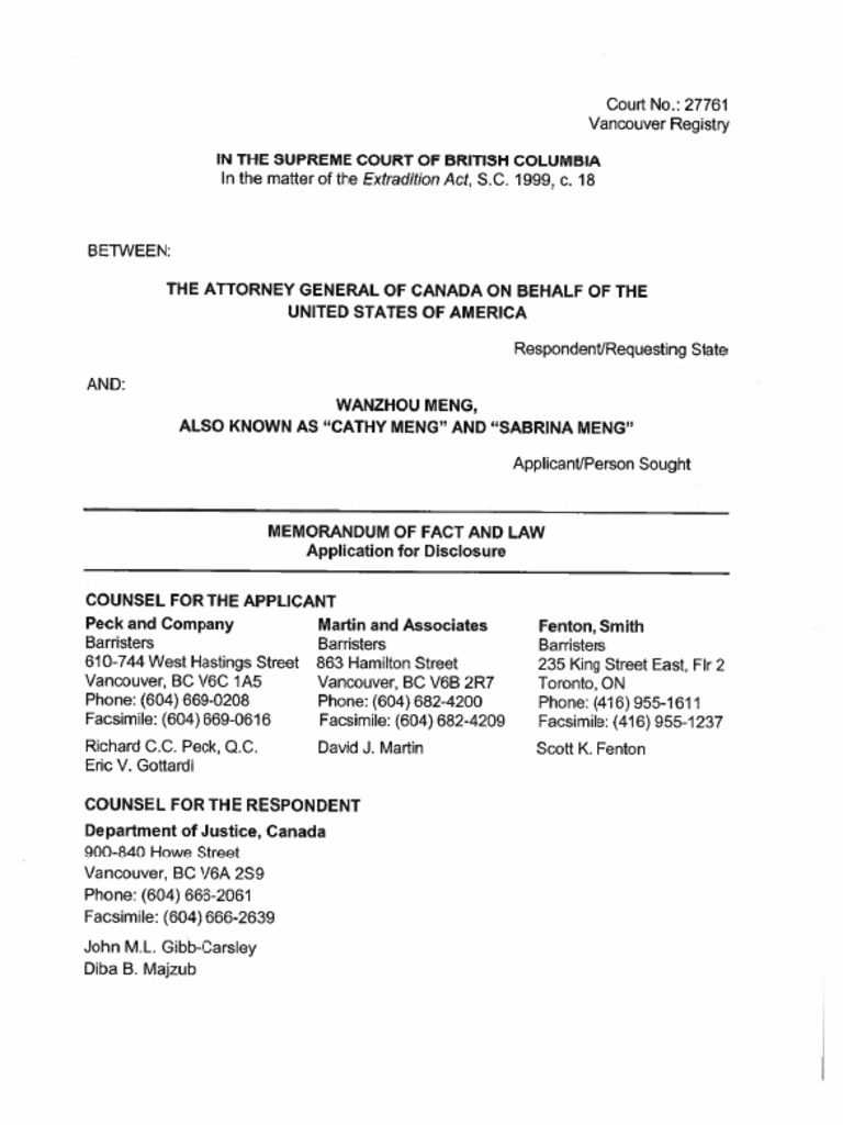 Applicant's Memorandum of Fact and Law - Application for Disclosure