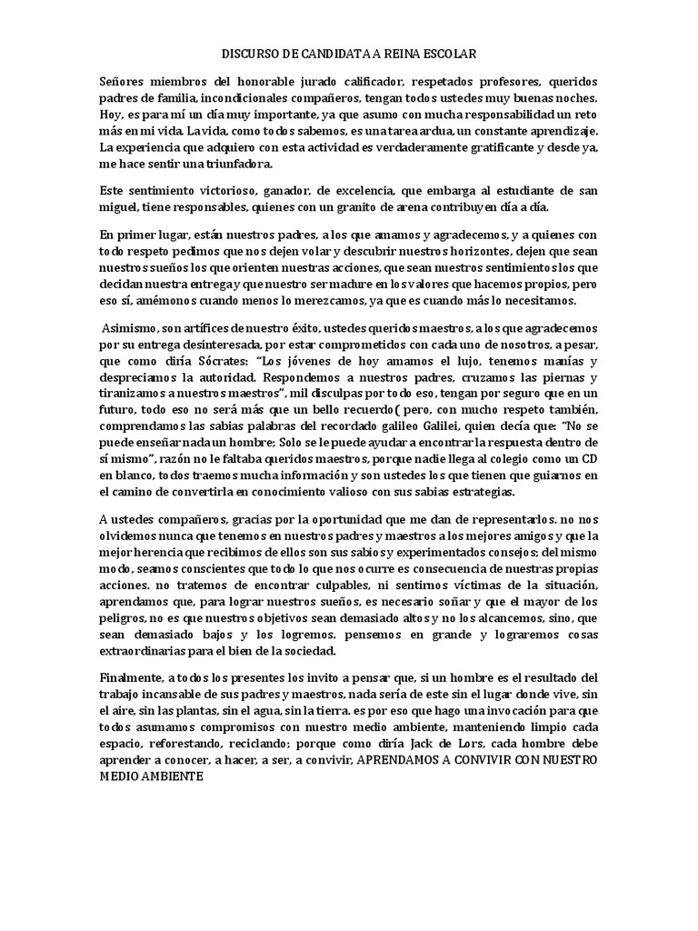 Discurso de Candidata A Reina Escolar | PDF | Adolescencia | Sueño Discurso de Candidata A Reina Escolar | PDF | Adolescencia | Sueño