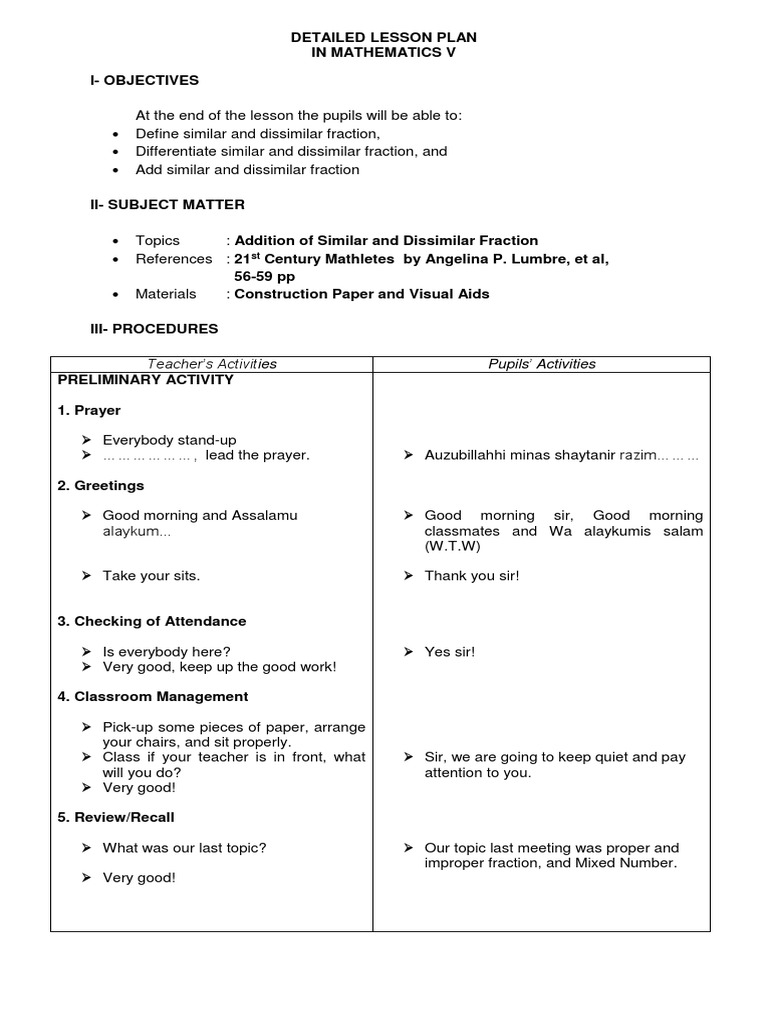 Detailed Lesson Plan - Aplal | PDF | Fraction (Mathematics) | Education ...