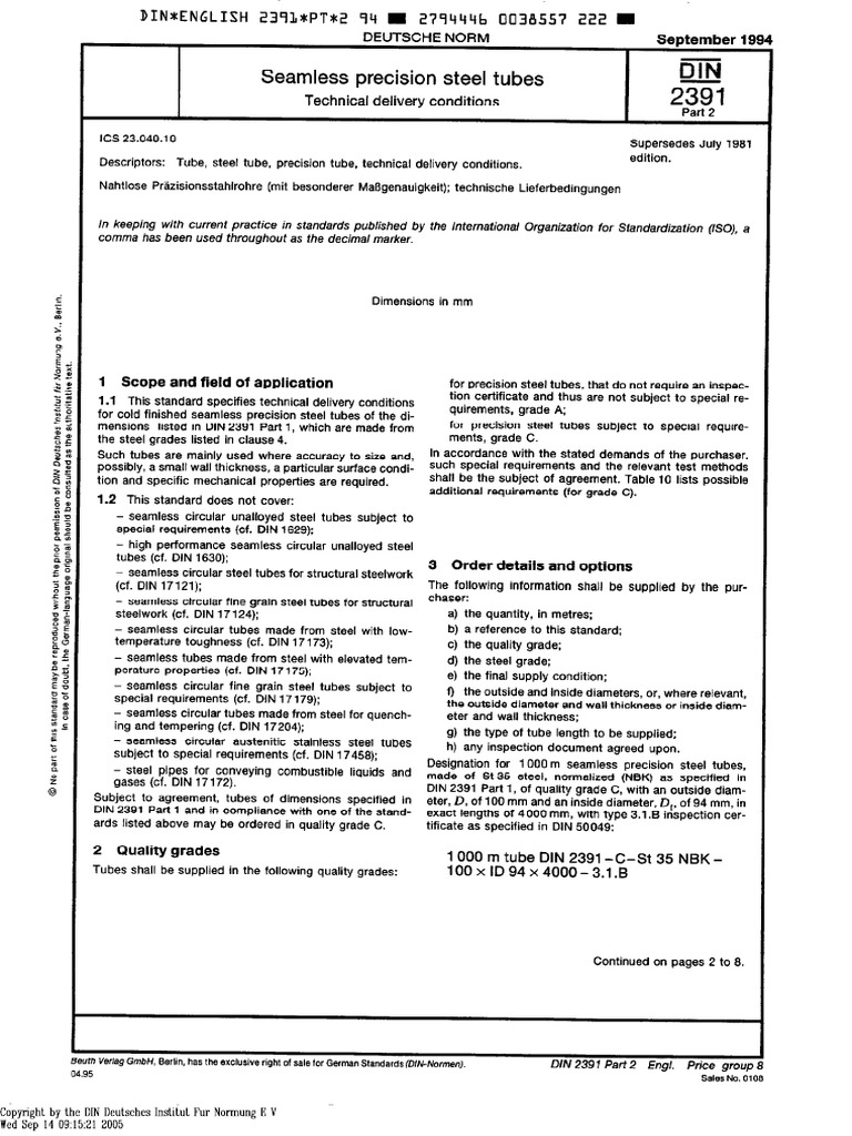 DIN 2391-2-94 Seamless Precision Steel Tubes PDF | PDF