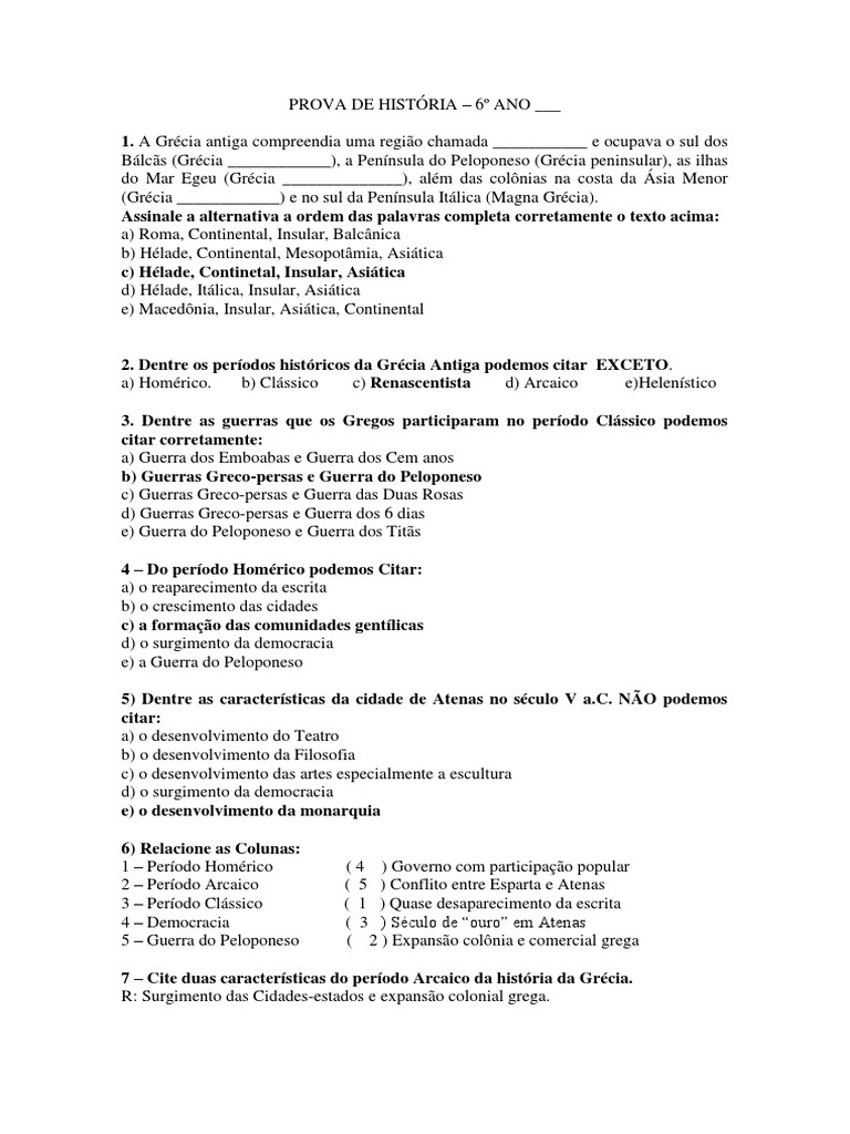 Prova de História | Grécia Antiga | Grécia