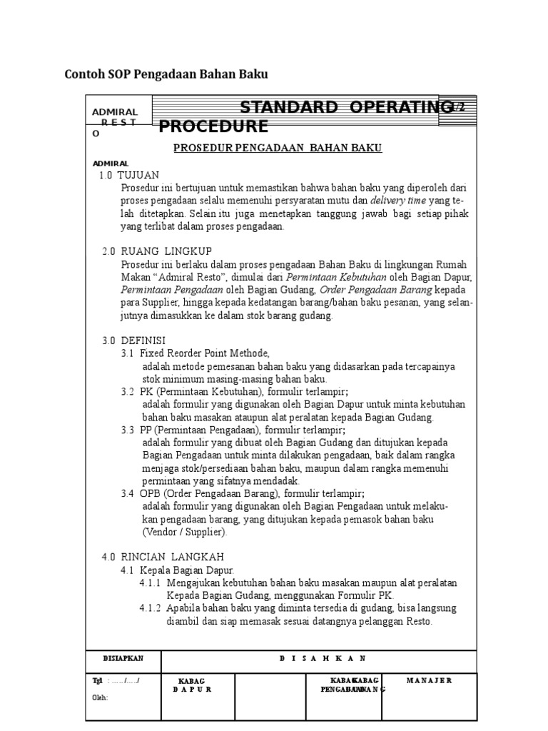 Contoh SOP Pengadaan Bahan Baku | PDF