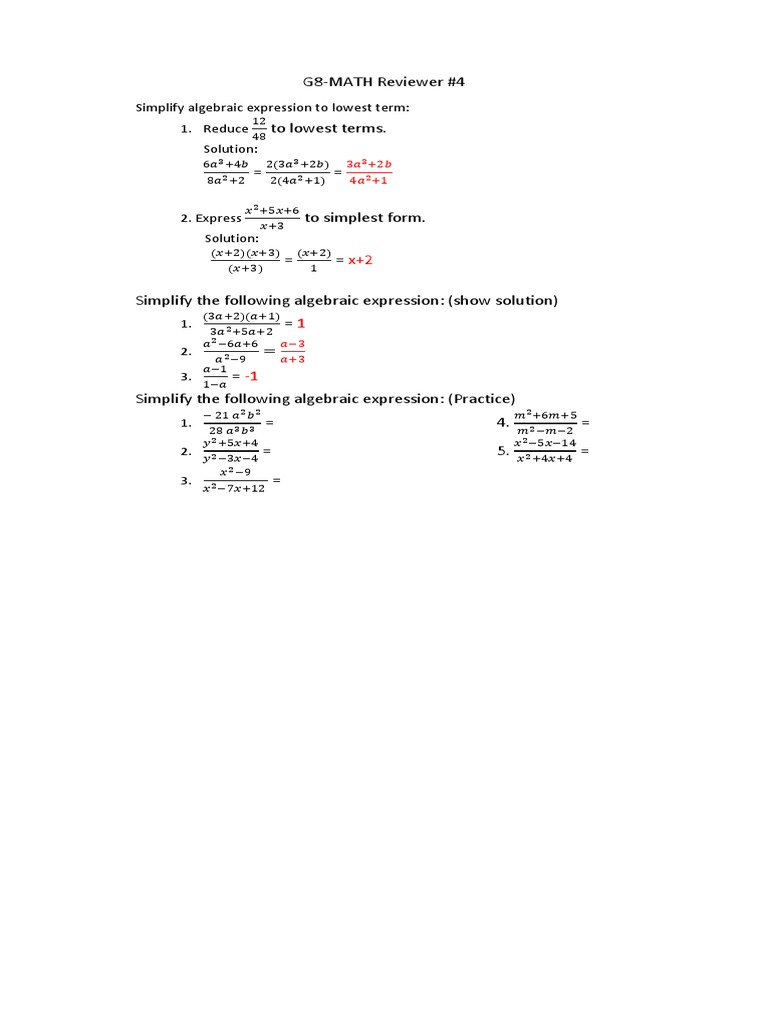 G8-MATH Reviewer #4: Simplify Algebraic Expression To Lowest Term: 1 ...