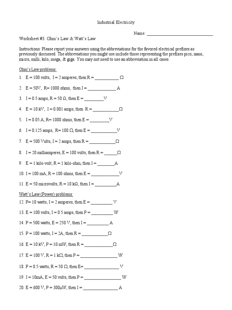 Industrial Electricity Name: - Worksheet #3: Ohm's Law & Watt's Law | PDF
