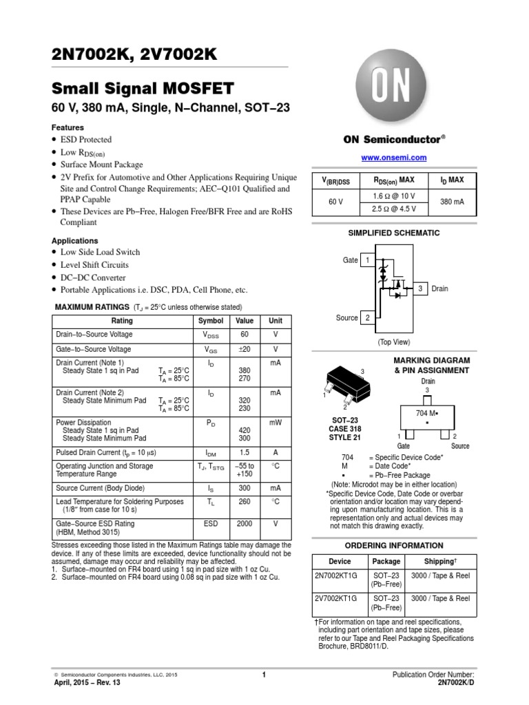 2N7002K, 2V7002K Small Signal MOSFET | PDF | Diode | Indemnity