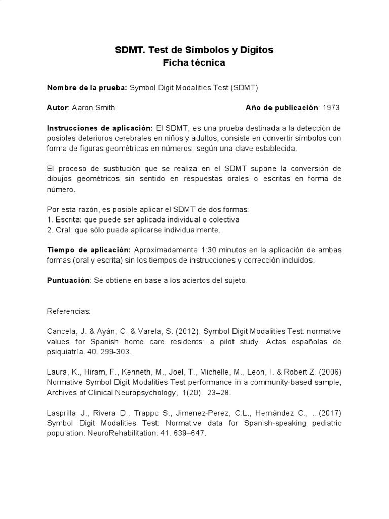 Test de Símbolos y Dígitos (SDMT) | PDF | Métodos y materiales de enseñanza