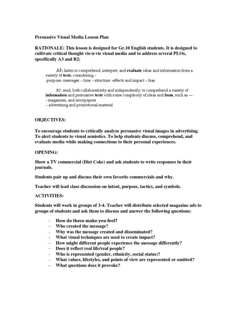 Persuasive Visual Media Lesson Plan1 | PDF | Advertising | Mass Media