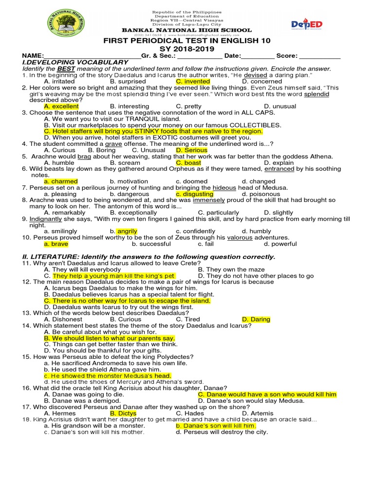 English 10 First Periodical Test | PDF | Greek Mythology | Ancient ...