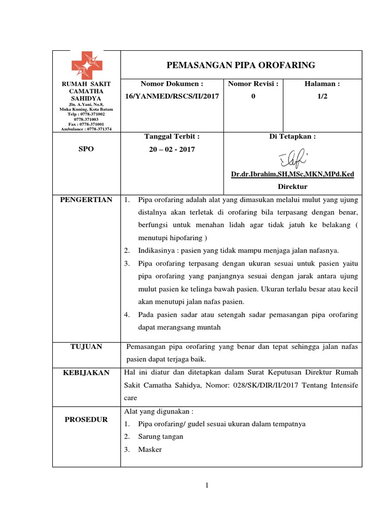 Spo Pemasangan Pipa Orofaring | PDF