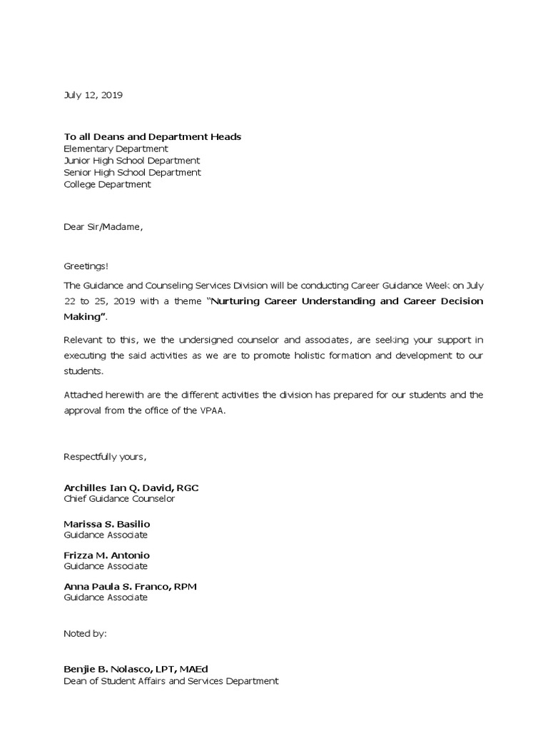 Gad Letter | PDF | Facilitator | School Counselor