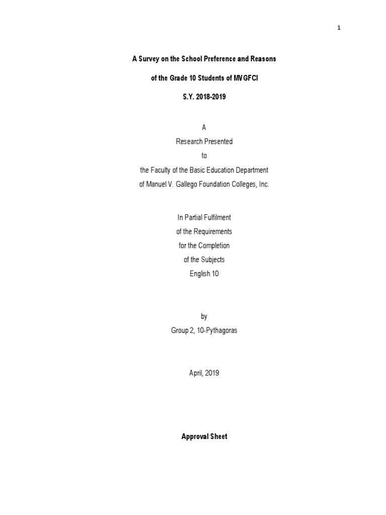 A Survey On The School Preference and Reasons of The Grade 10 Students ...