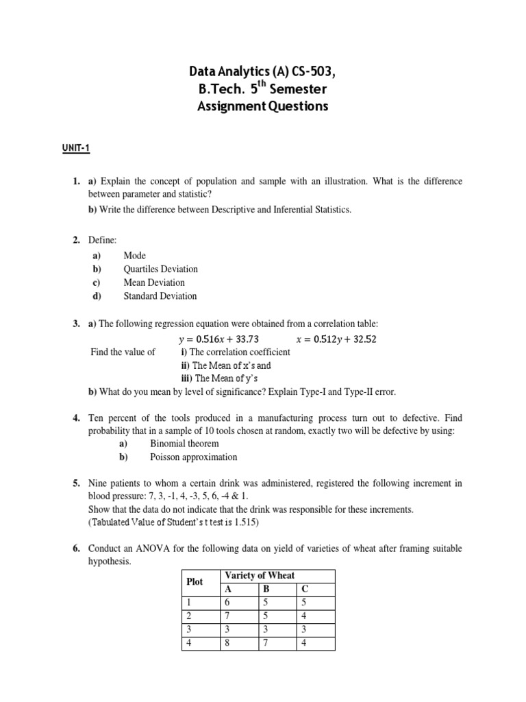Data Analytics (A) CS-503, B.Tech. 5 Semester Assignment Questions ...