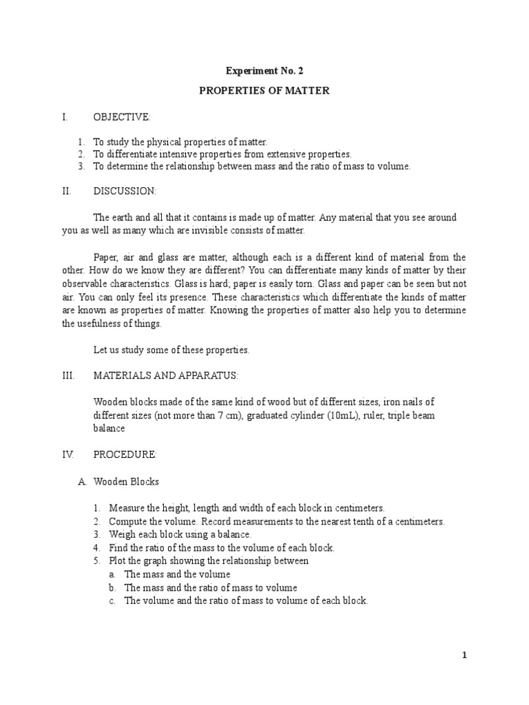 Experiment No. 2 Properties of Matter | PDF | Density | Mass