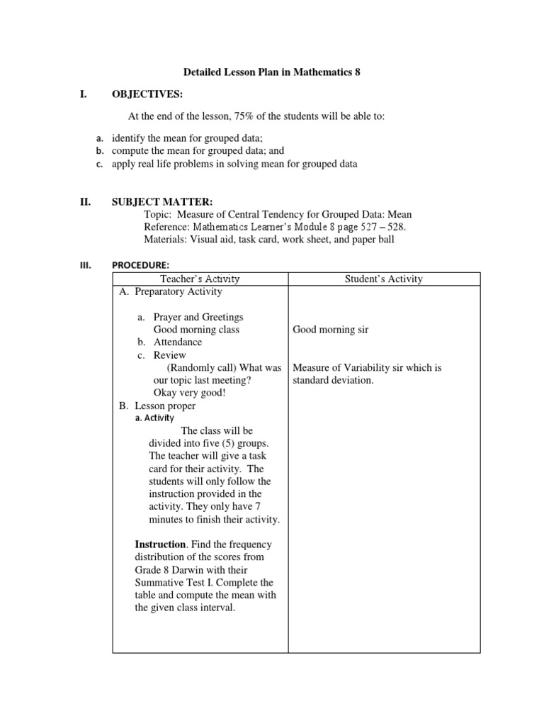 Grade 8 Detailed Math Lesson Plan | PDF | Mean | Lesson Plan