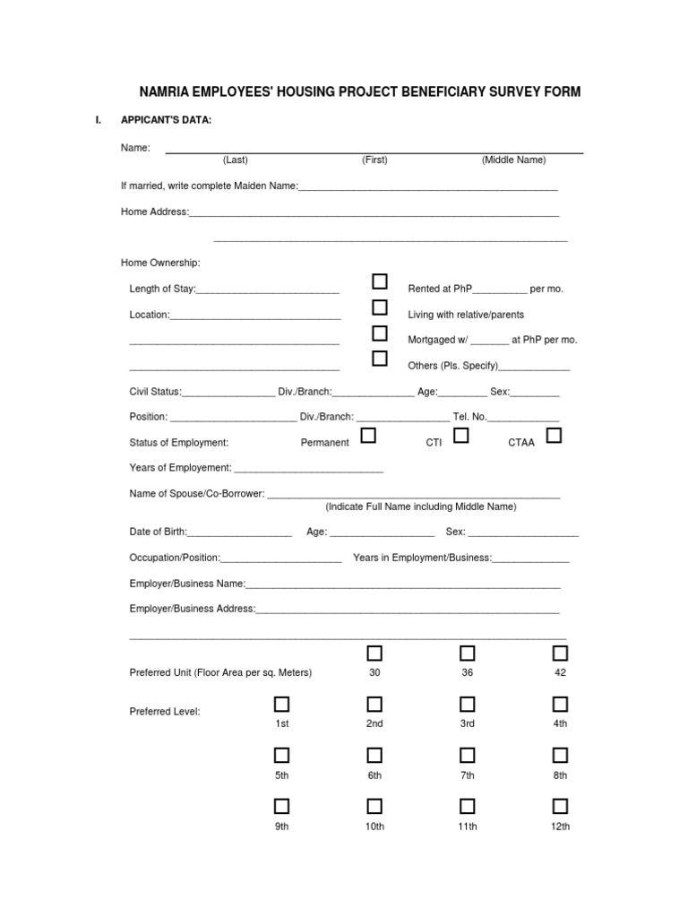 O o o O: Namria Employees' Housing Project Beneficiary Survey Form ...