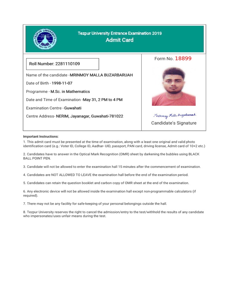 M.Sc. Mathematics Exam Admit Card | PDF
