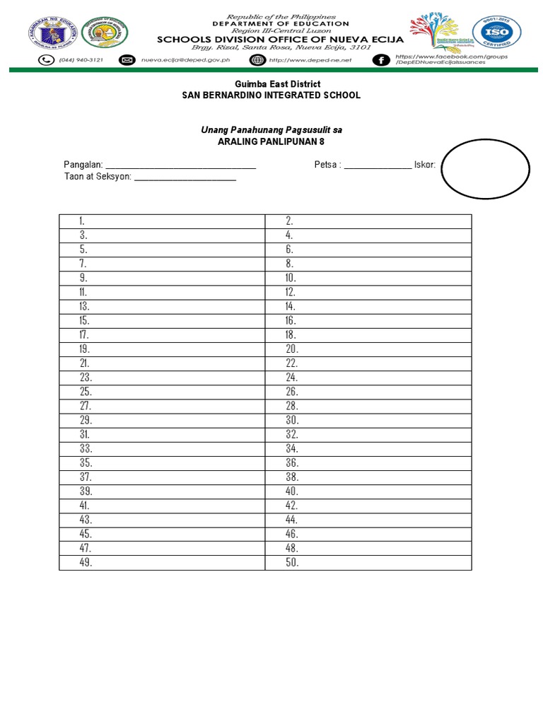 Pangalan: - Petsa: - Iskor: Taon at Seksyon | PDF