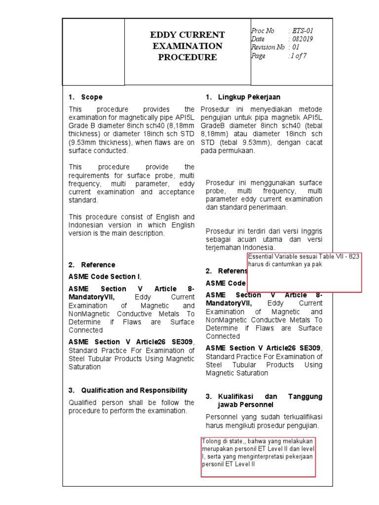 Eddy Current Examination Procedure: Proc No: ETS-01 Date: 082019 ...