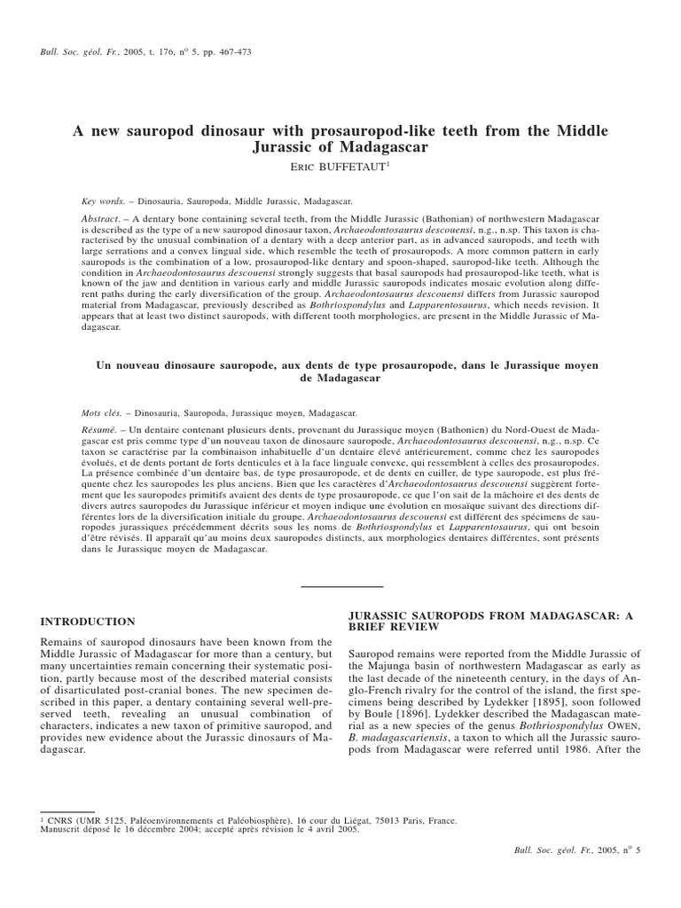 Buffetaut 2005 A New Sauropod Dinosaur With Prosauropod-Like Teeth From ...