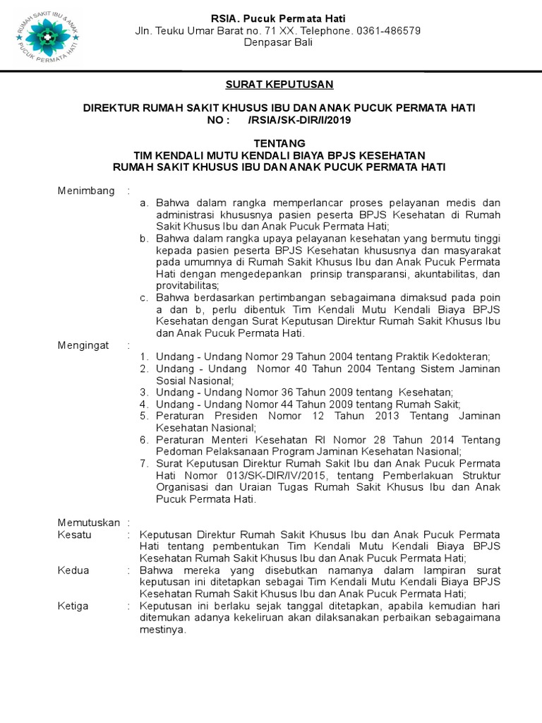 SK Tim Kendali Mutu Kendali Biaya BPJS | PDF