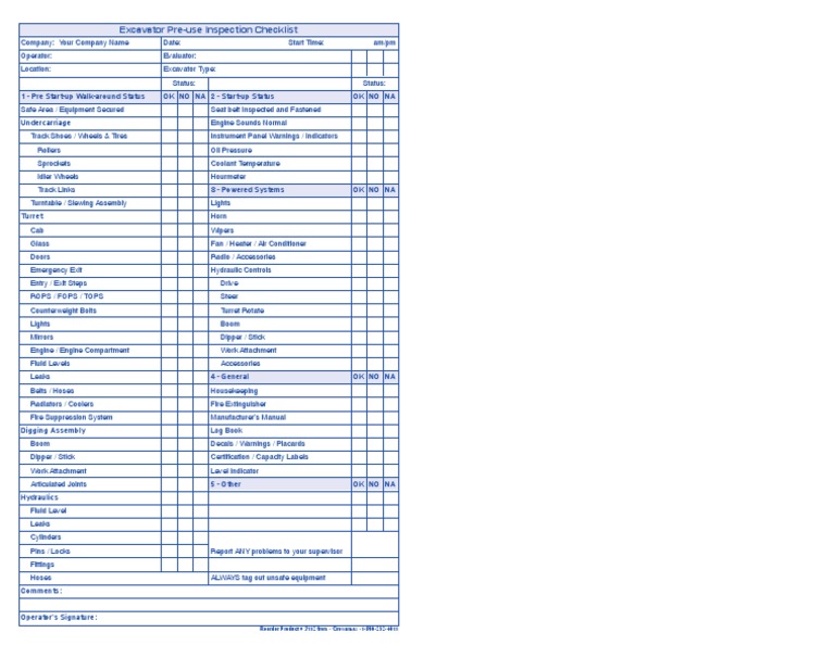 Excavator Pre-Use Inspection Checklist | PDF | Transportation ...