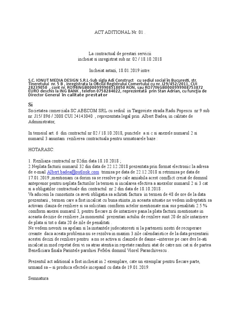 Model de Act Aditional de Reziliere Contract Individual de Munca | PDF