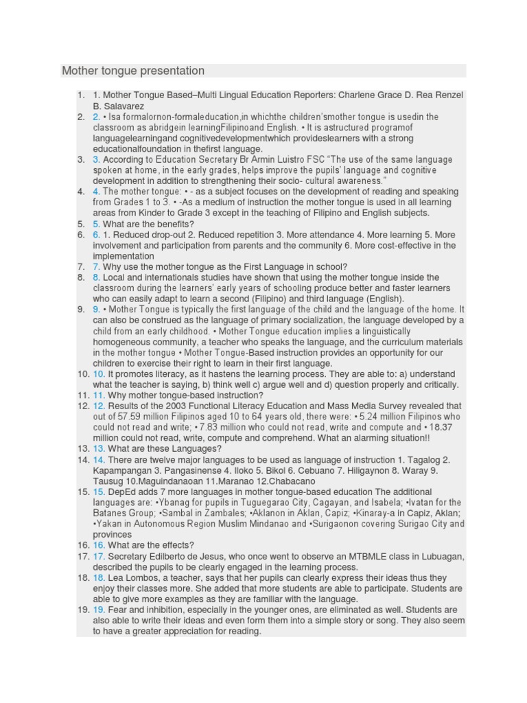 Mother Tongue Presentation | PDF | First Language | Multilingualism