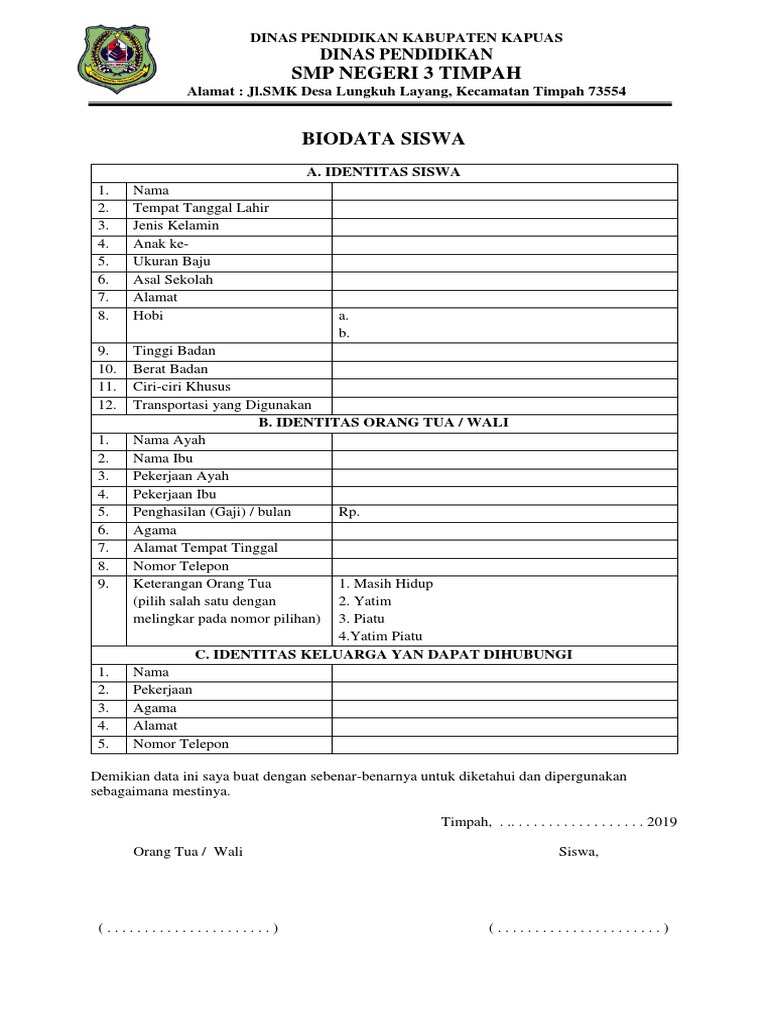 Blanko Biodata Siswa | PDF