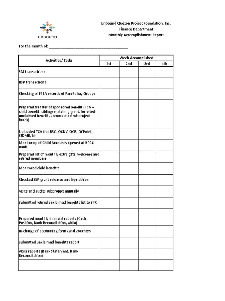 Monthly Accomplishment Report Template | PDF | Bookkeeping | Service ...