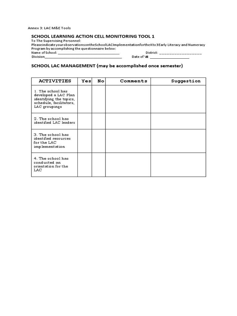 School Learning Action Cell Monitoring Tool 1 | PDF | Behavior ...