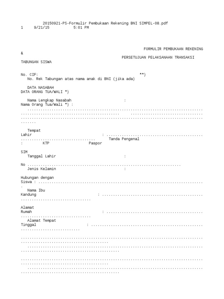 PS Formulir Pembukaan Rekening BNI SIMPEL 08 | PDF