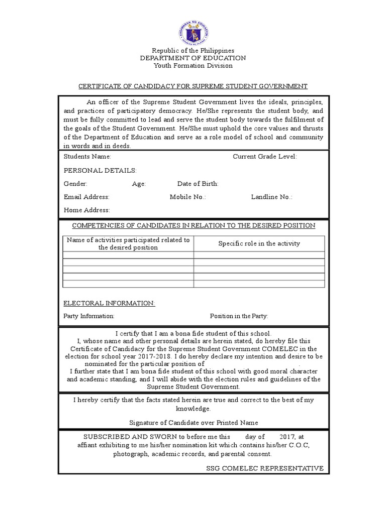 Certificate of Candidacy For Supreme Student Government | PDF
