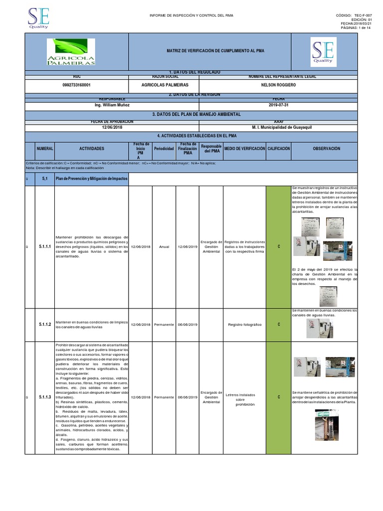 MATRIZ DE VERIFICACIÓN DE CUMPLIMIENTO AL PMA 2019.docx | Residuos ...