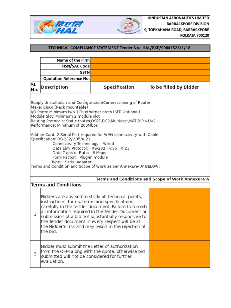 TECHNICAL COMPLIANCE STATEMENT Tender No.: HAL/BKP/99601523/1/18 Name ...