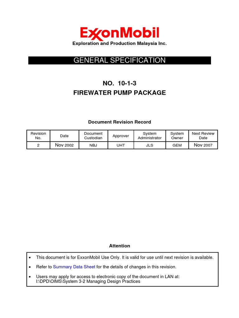 General Specification: NO. 10-1-3 Firewater Pump Package | PDF | Pump ...