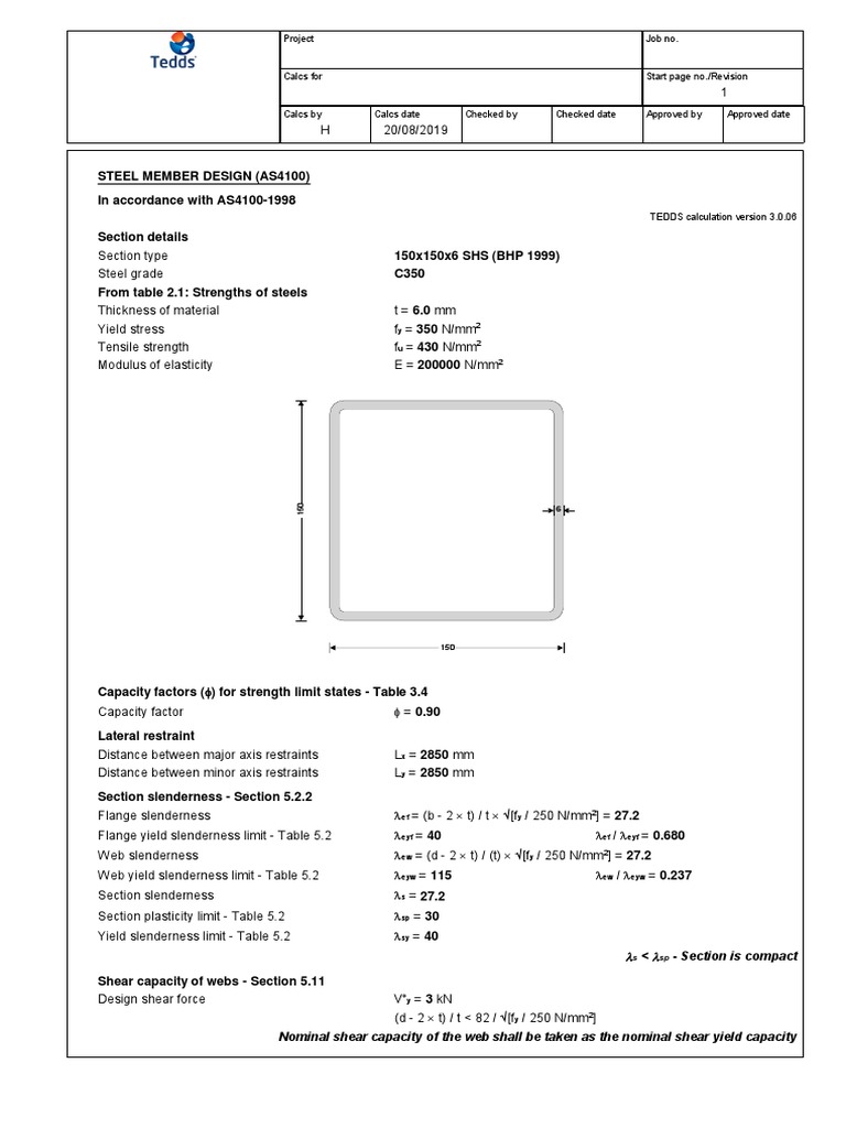 Steel Member Design (AS4100) SHS | PDF | Strength Of Materials ...
