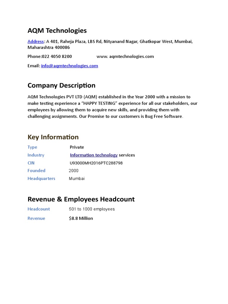 AQM Technologies: Key Information | PDF