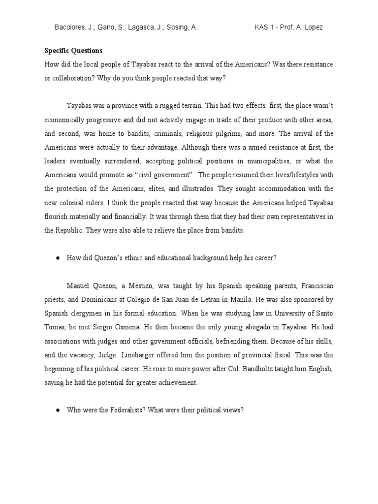 Specific Questions: Bacolores, J. Gano, S. Lagasca, J. Sosing, A. KAS 1 - Prof. A. Lopez | PDF